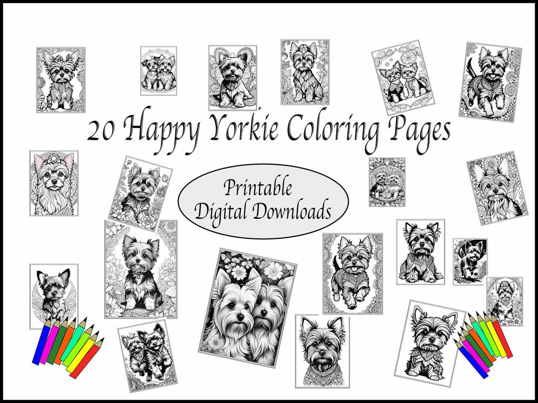 Printable Coloring Pages - 20 Zentangle Style Yorkies - Instant ...