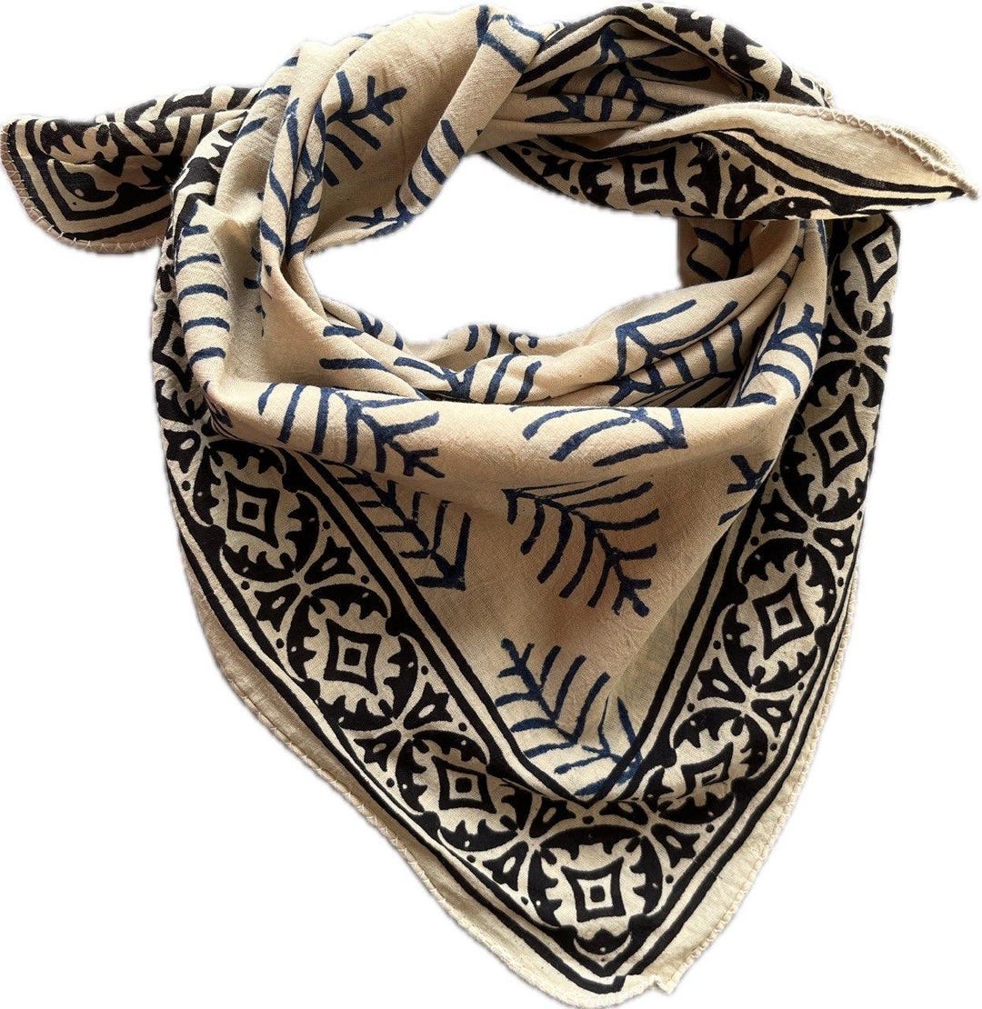 Hand Block Print Cotton Bandana: Natural Dye Scarf, 21