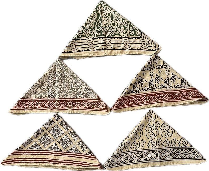 Organic Cotton Bandana Set of 5 - Block Printed Neckerchiefs, Cowboy ...