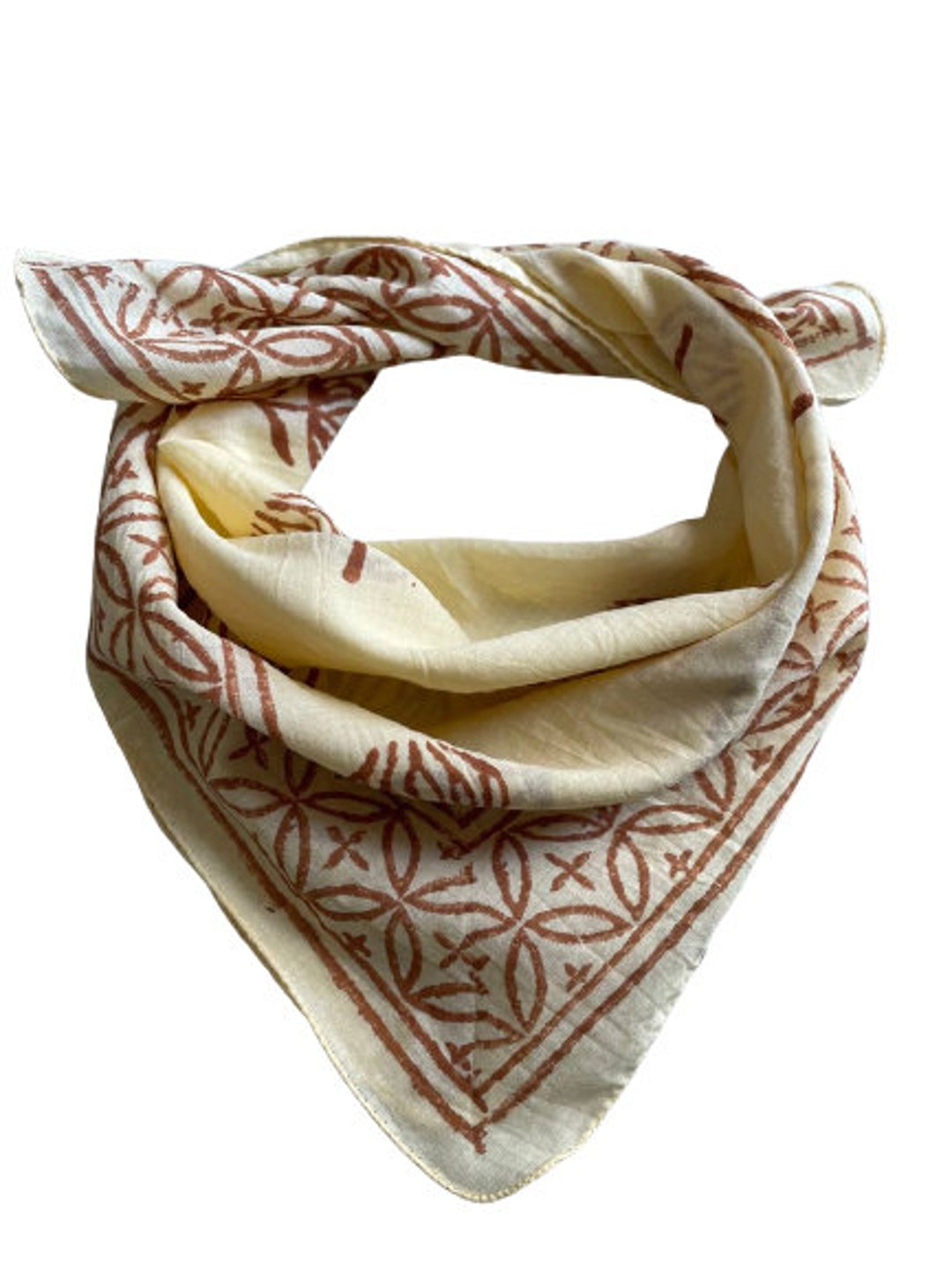Bandana Scarf Handmade Hand Block Print Bandana in Cream, Pumpkin and ...