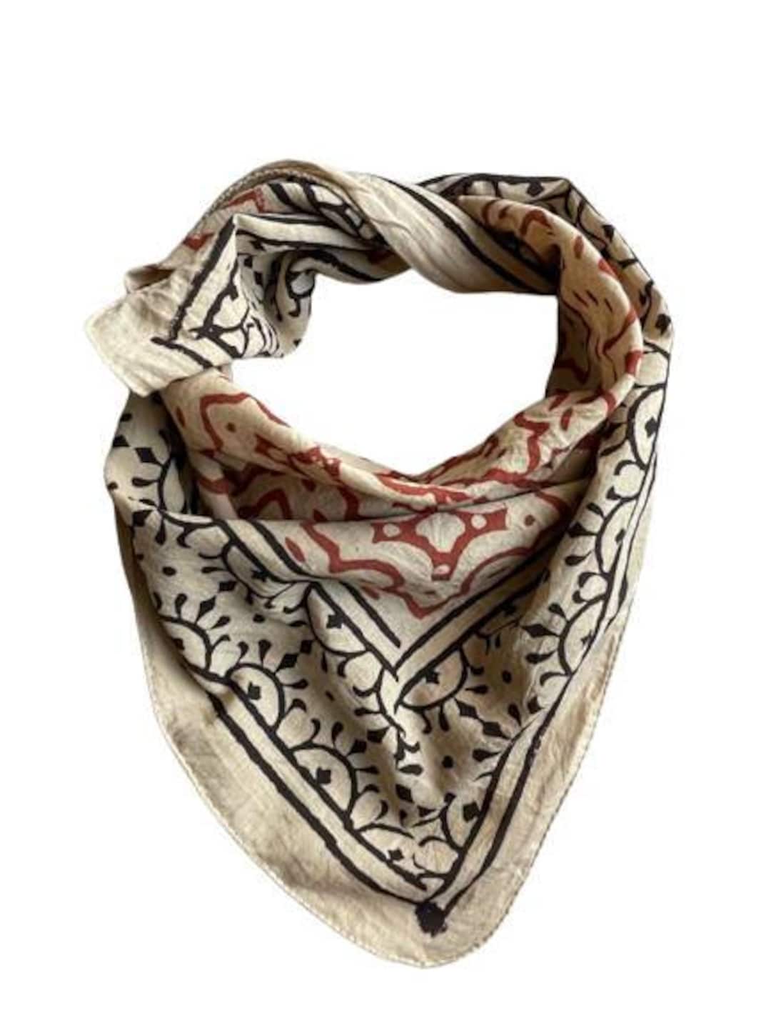 Bandana Scarf Handmade Hand Block Print Bandana in Cream, Pumpkin and ...