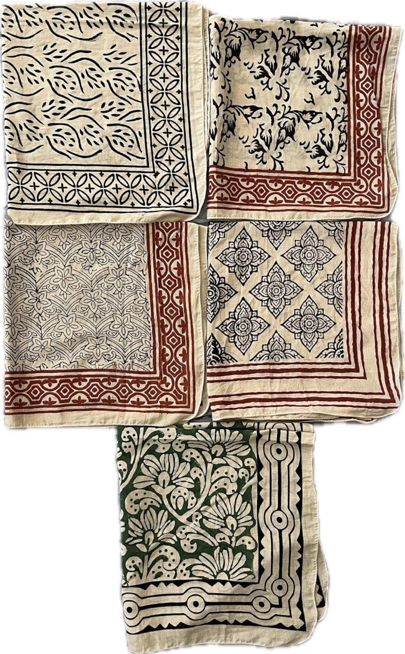 Organic Cotton Bandana Set of 5 - Block Printed Neckerchiefs, Cowboy ...