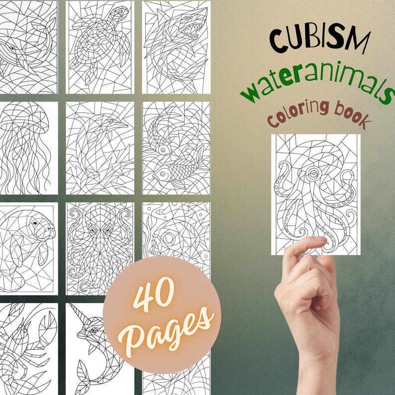 Cubism Water Animals Coloring Pages for Adults | Modern Cubist Sea ...