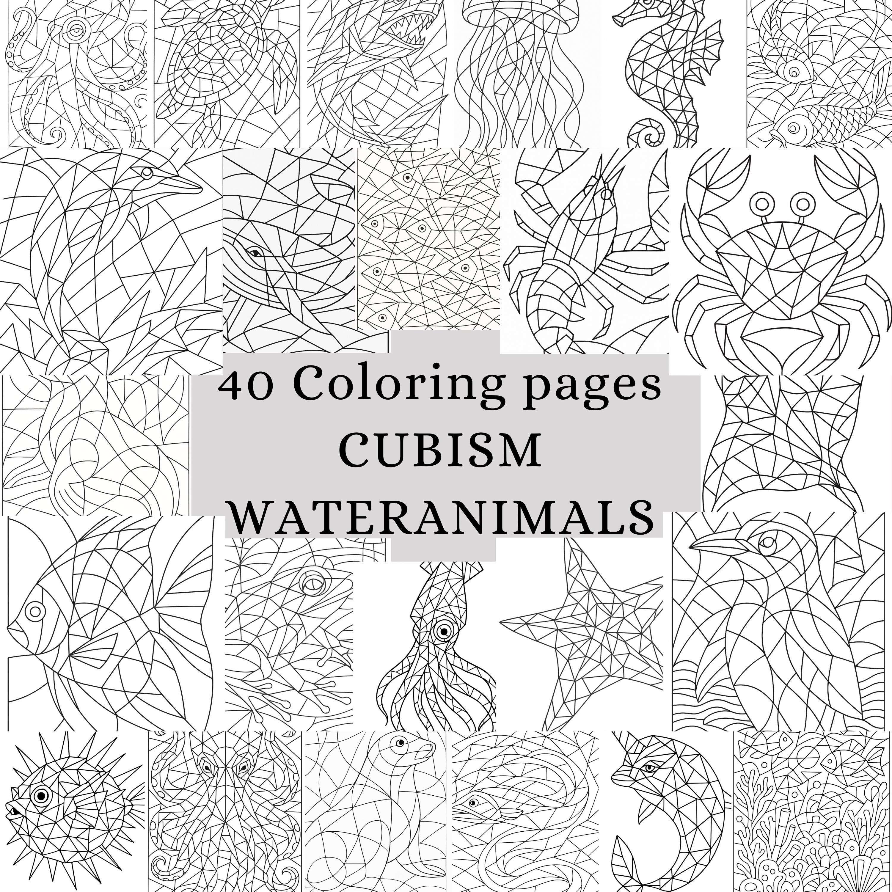 Cubism Water Animals Coloring Pages for Adults | Modern Cubist Sea ...