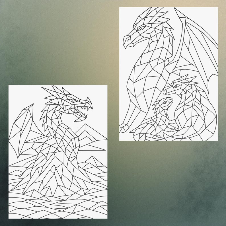 Cubism Dragon Coloring Pages for Adults | Abstract Geometric Dragons ...