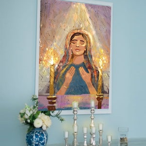 Lighting Shabbat Candles Painting Wall Art Praying Israeli Artist ...