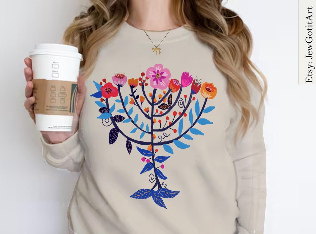 Hanukkah Menorah Sweater Tshirt Unisex Flowers Art Sweatshirt Woman Man ...