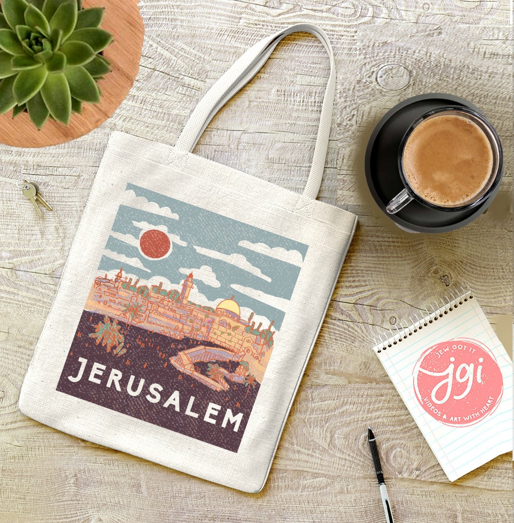 Vintage Jerusalem Tote Bag Hand Drawn | Hebrew Jewish Gift | Art Bag ...
