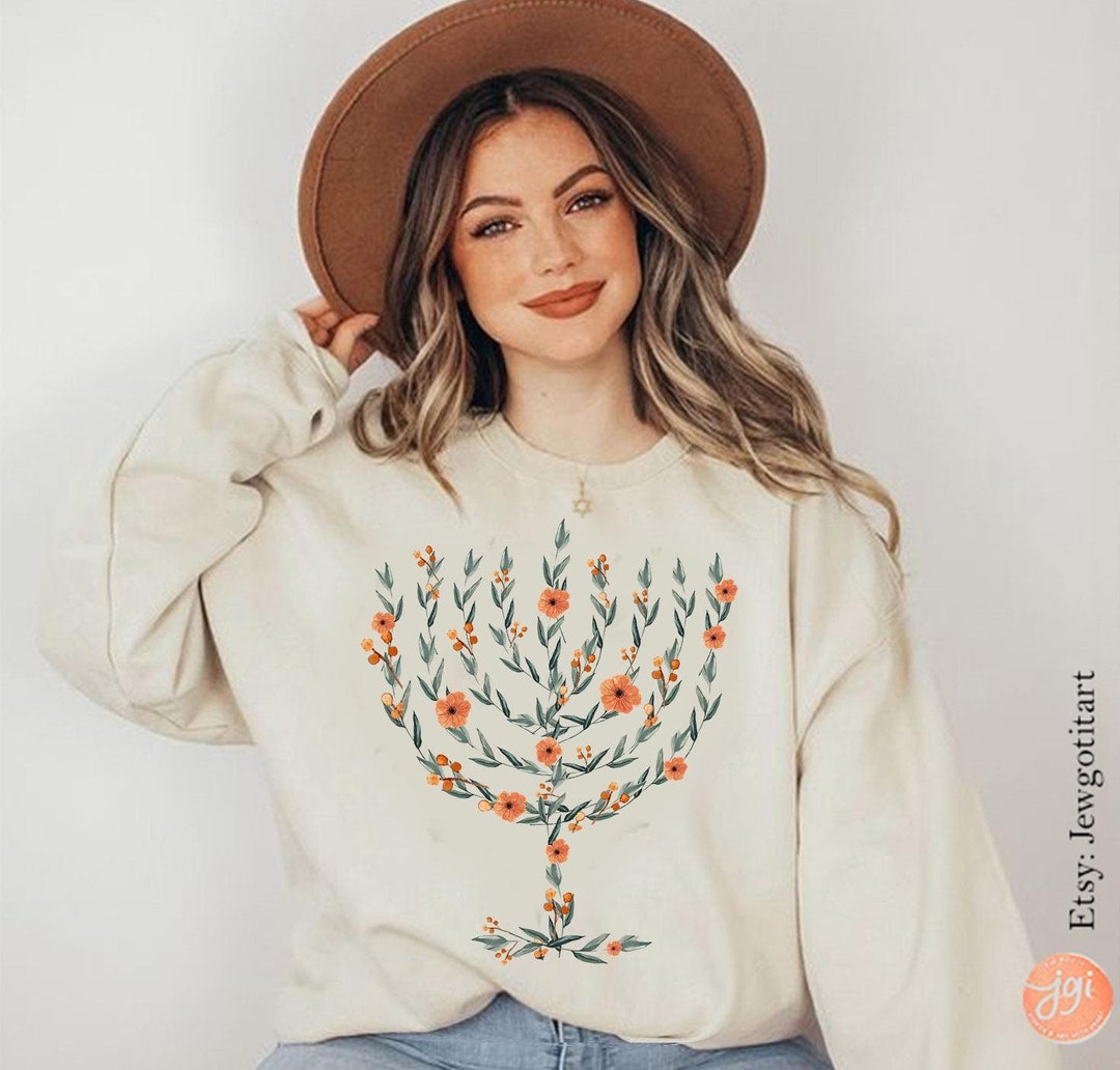 Menorah Hanukkah Sweater T-shirt Unisex Floral Art Sweatshirt Jewish ...