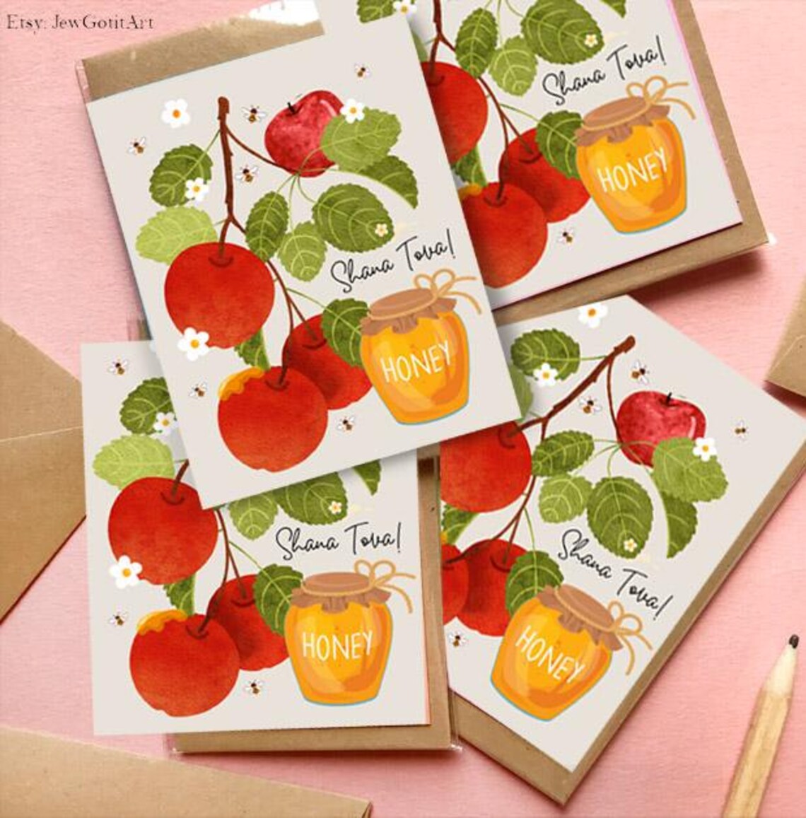 Shana Tova Greeting Cards Rosh Hashanah Apple Honey Art Israeli Artist ...