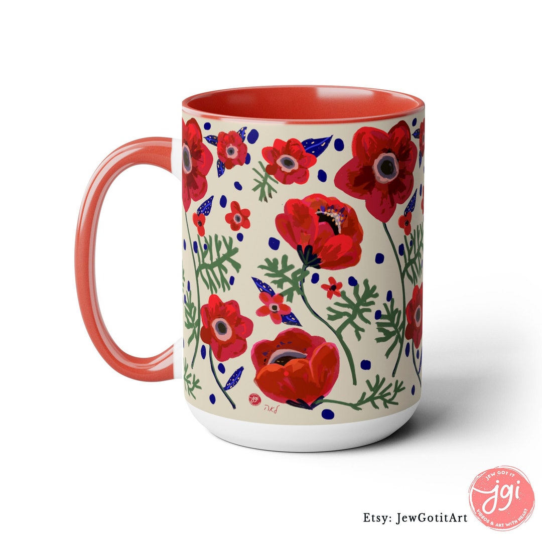 Flower of Israel Mug, Kalanit Tea Cup Coffee Ceramic Mug 11oz 15oz Work ...