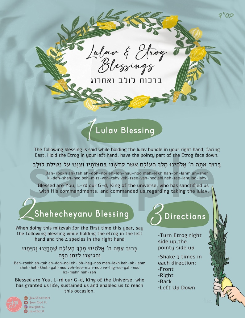 Sukkot Lulav & Etrog Blessings Printable Decoration for Sukkah, Decor ...