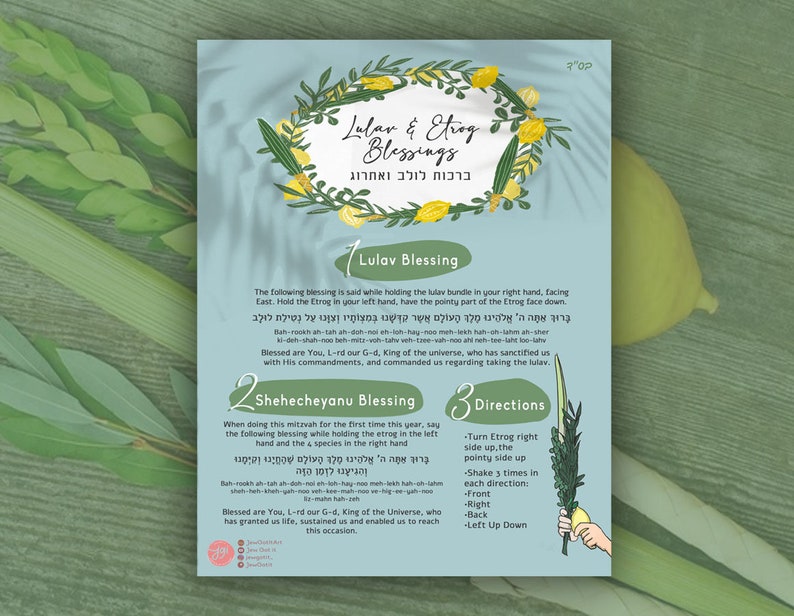 Sukkot Lulav & Etrog Blessings Printable Decoration for Sukkah, Decor ...