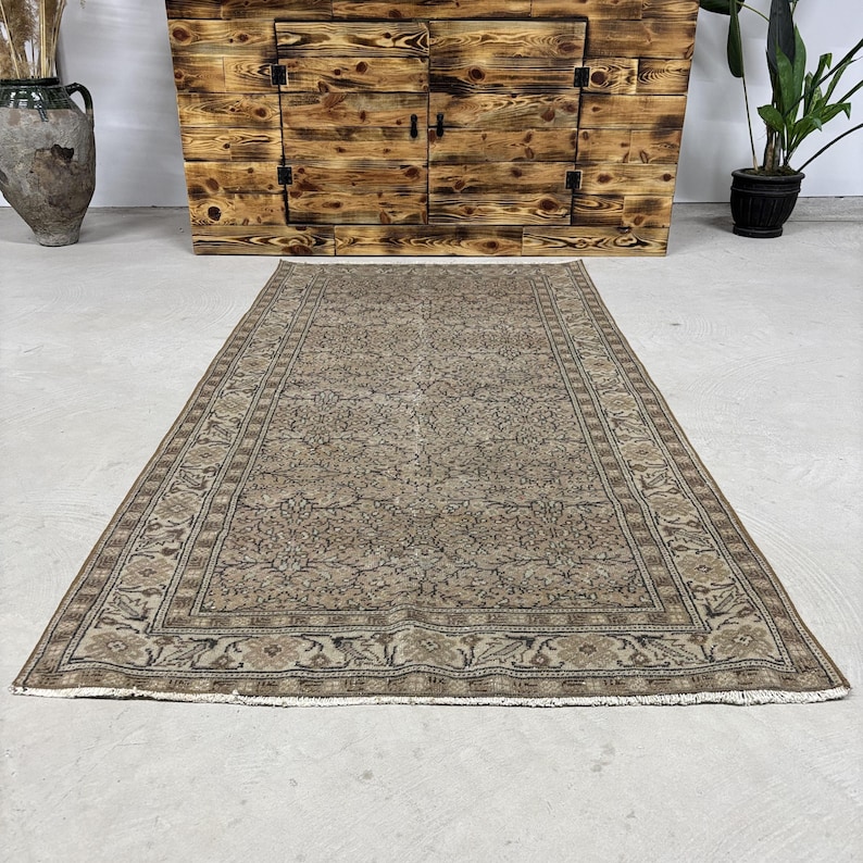 Oushak Vintage Rug, Brown Dining Room 3x5.9 Ft Rug, Wool Turkish Rug ...