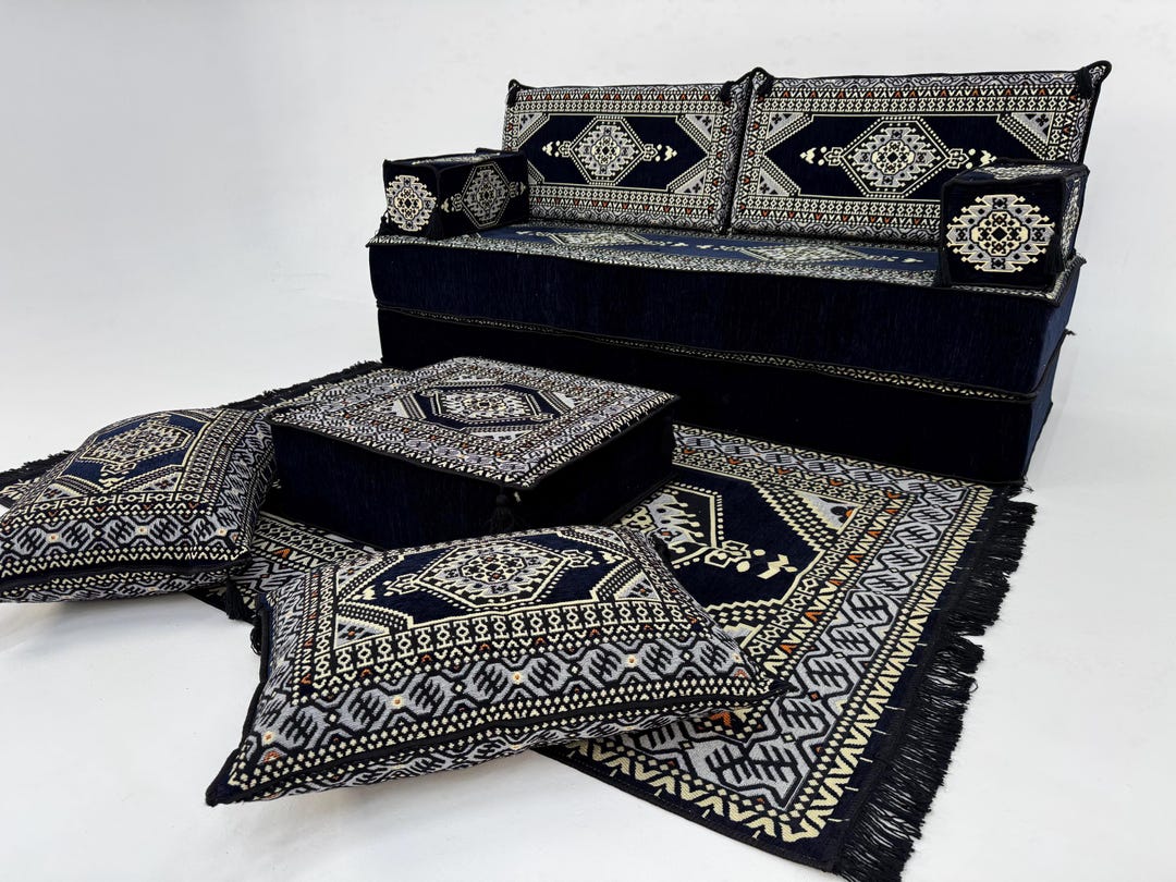 Navy Kilim Sofa, Boho Floor Seating, Moroccan Style Couch, Middle ...