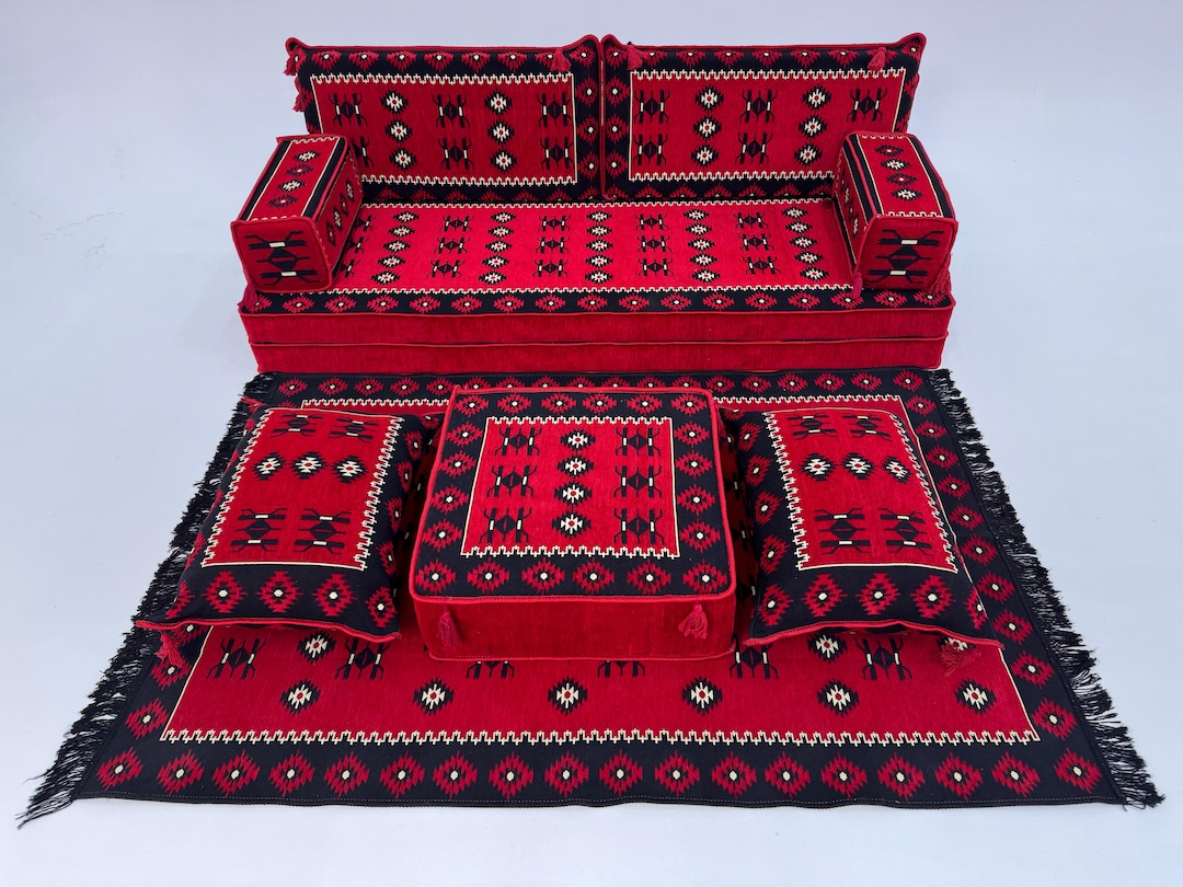 Boho Floor Seating, Red Black Kilim Sofa, Moroccan Style Couch, Middle ...