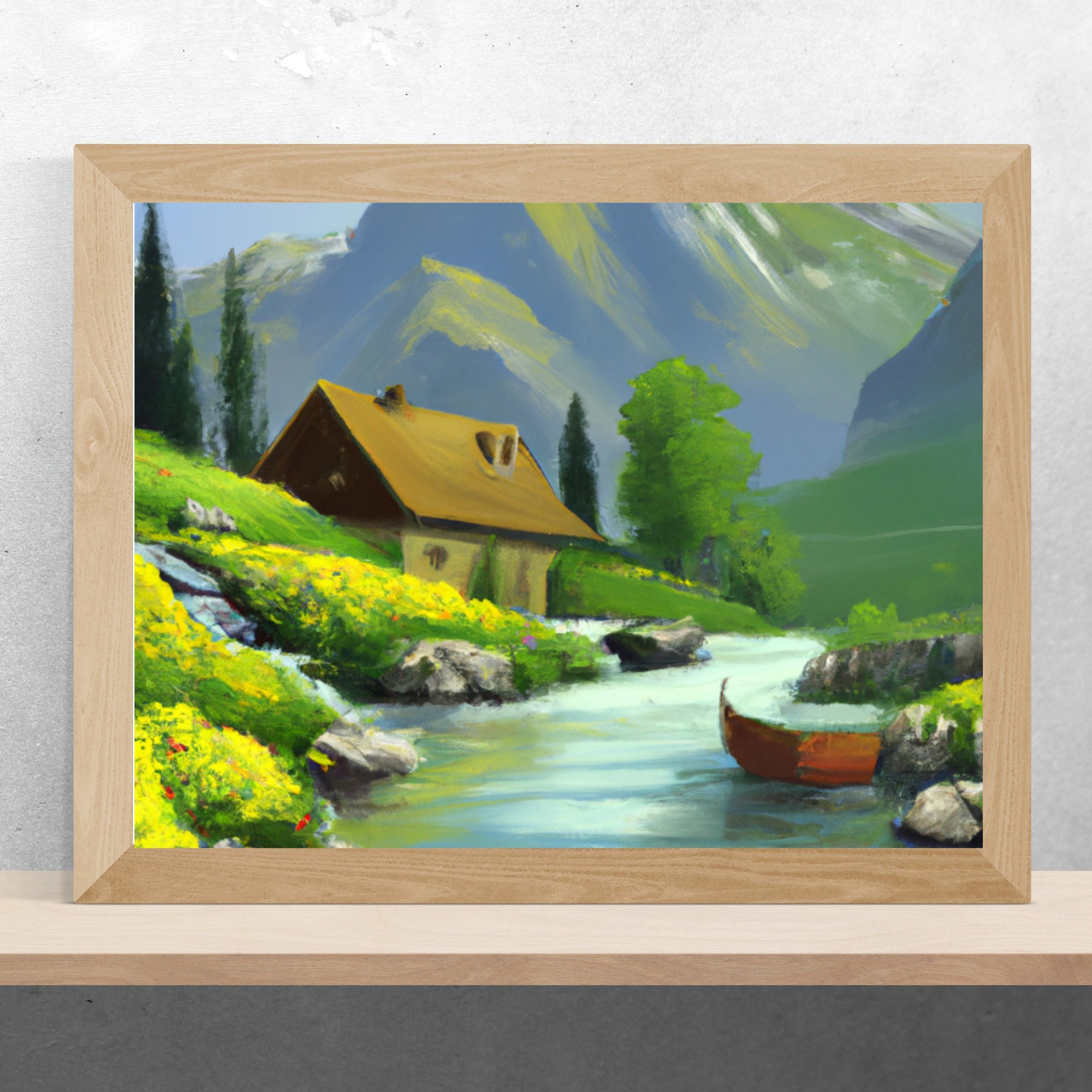 Printable Landscape Wall Art, Village Landscape With Mountain and River ...