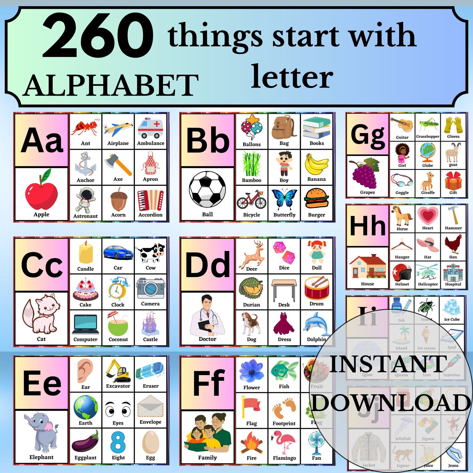 Alphabet 260 Things Start With Letter, Alphabet Print, Kids Learning ...