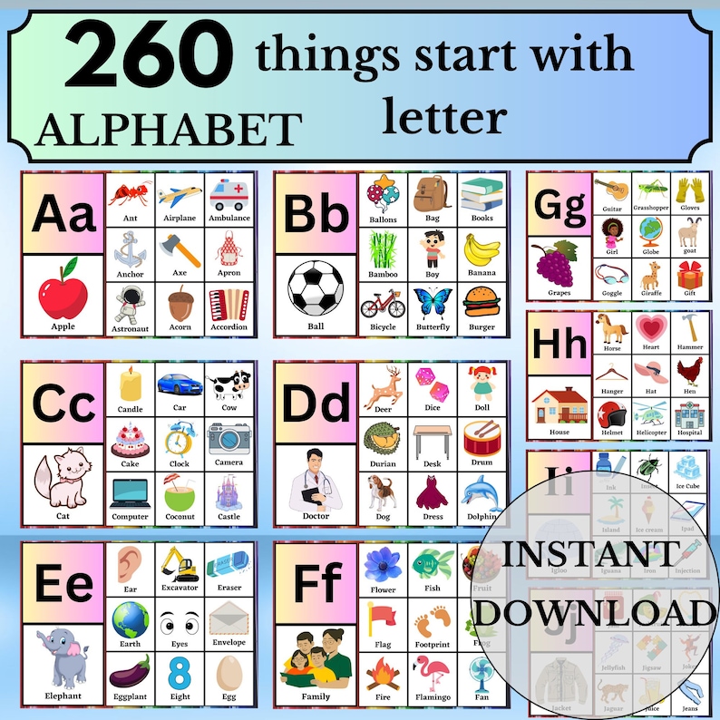 Alphabet 260 Things Start With Letter, Alphabet Print, Kids Learning ...