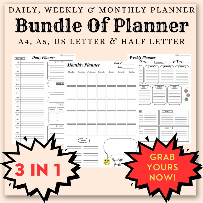 Bundle of Planner Printable, Daily Planner, Weekly Planner, Monthly ...