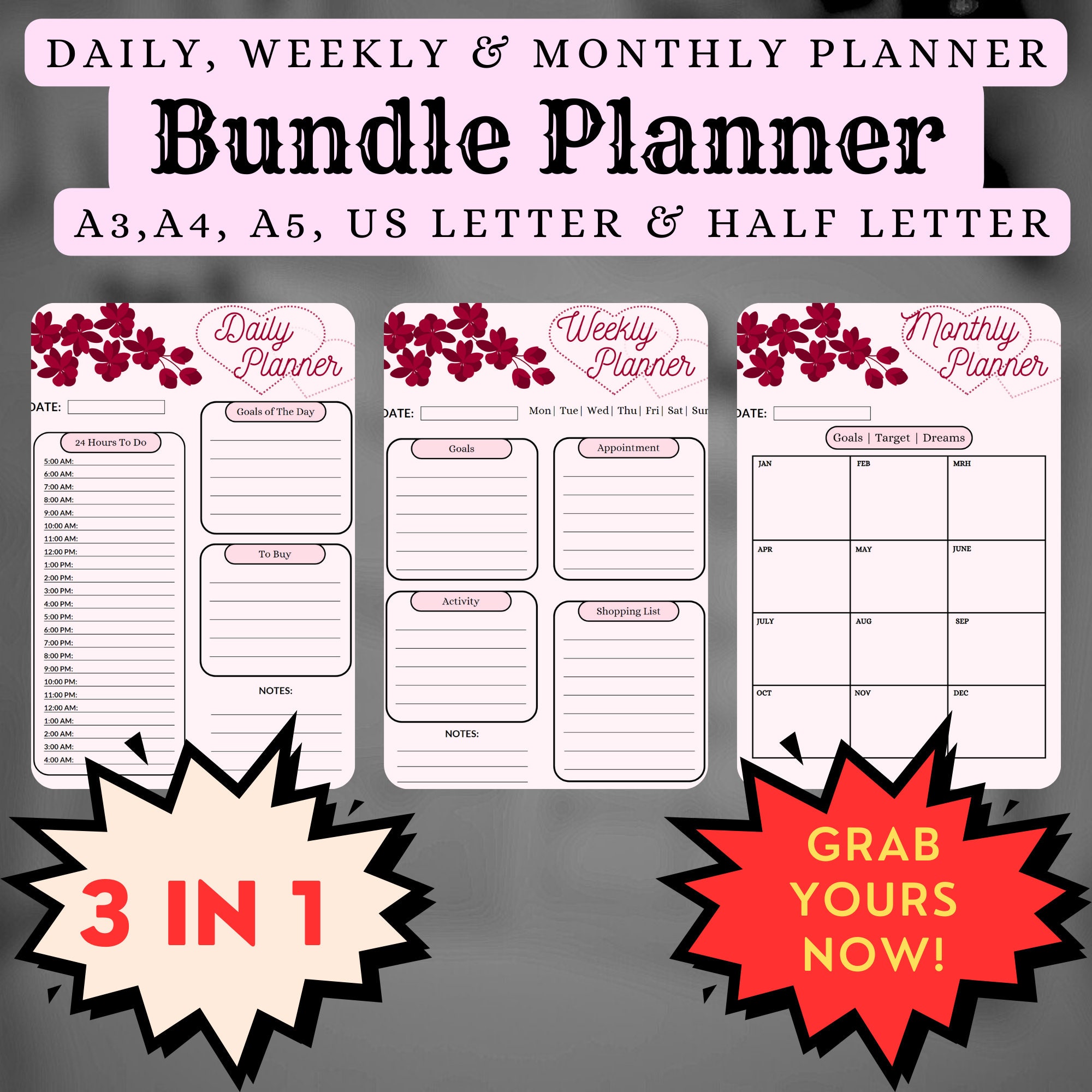 Daily Planner Print, Weekly Planner Print, Monthly Planner Print ...