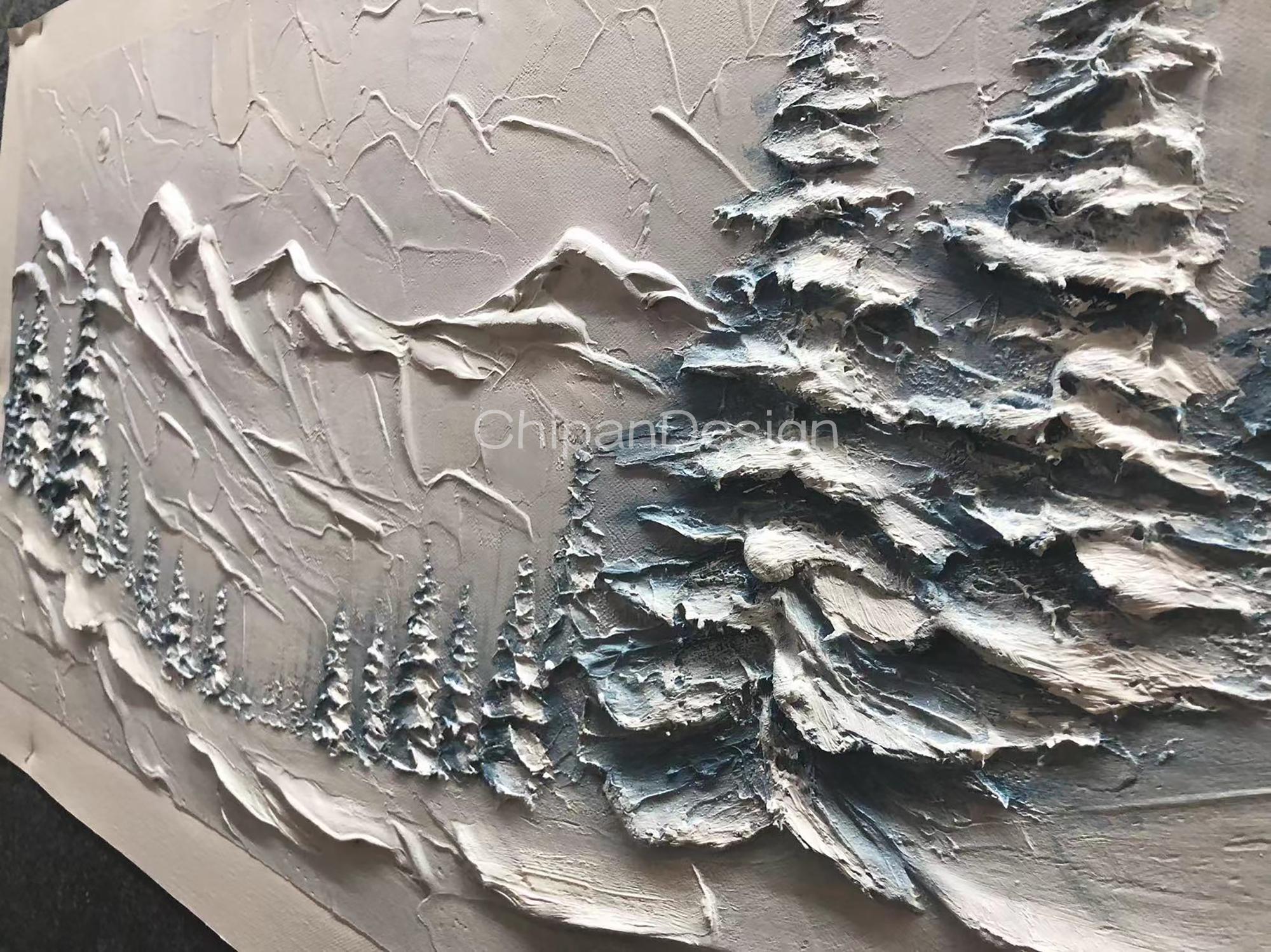 Abstract Winter Landscape Oil Painting Pine Tree Scene Knife Art ...