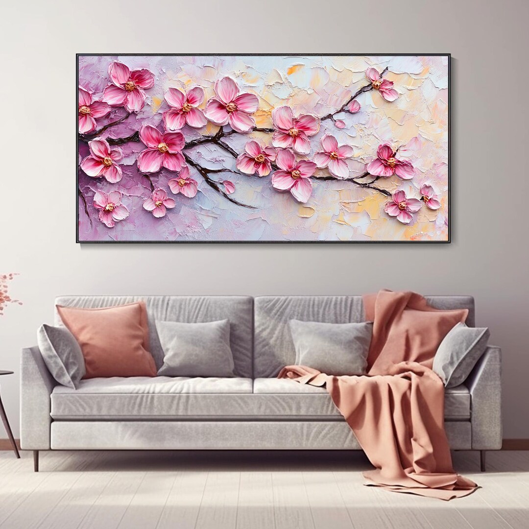 Large Cherry Blossom Tree 3D Texture Mural Pink Flower Oil Painting ...