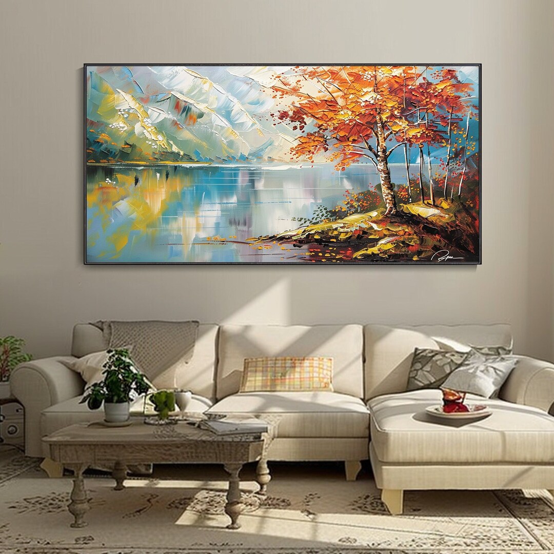 Autumn Lakeside Landscape Oil Painting Snowy Mountain Geography ...