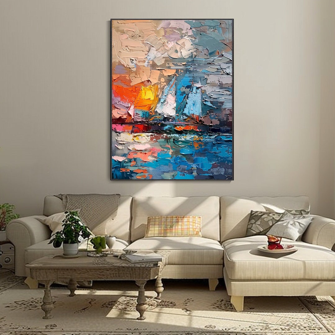 Abstract Harbor Painting Sunrise Seascape Oil Painting Boat Landscape ...