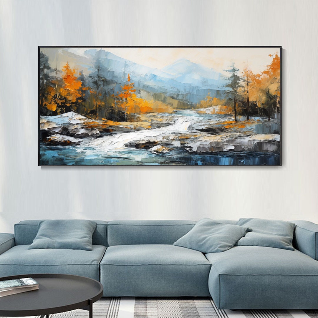River Forest Landscape Wall Art on Canvas, Abstract Autumn Mountain ...