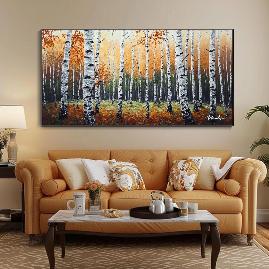 Large Colorful Forest Landscape Wall Art Autumn Birch Tree Hand Painted ...