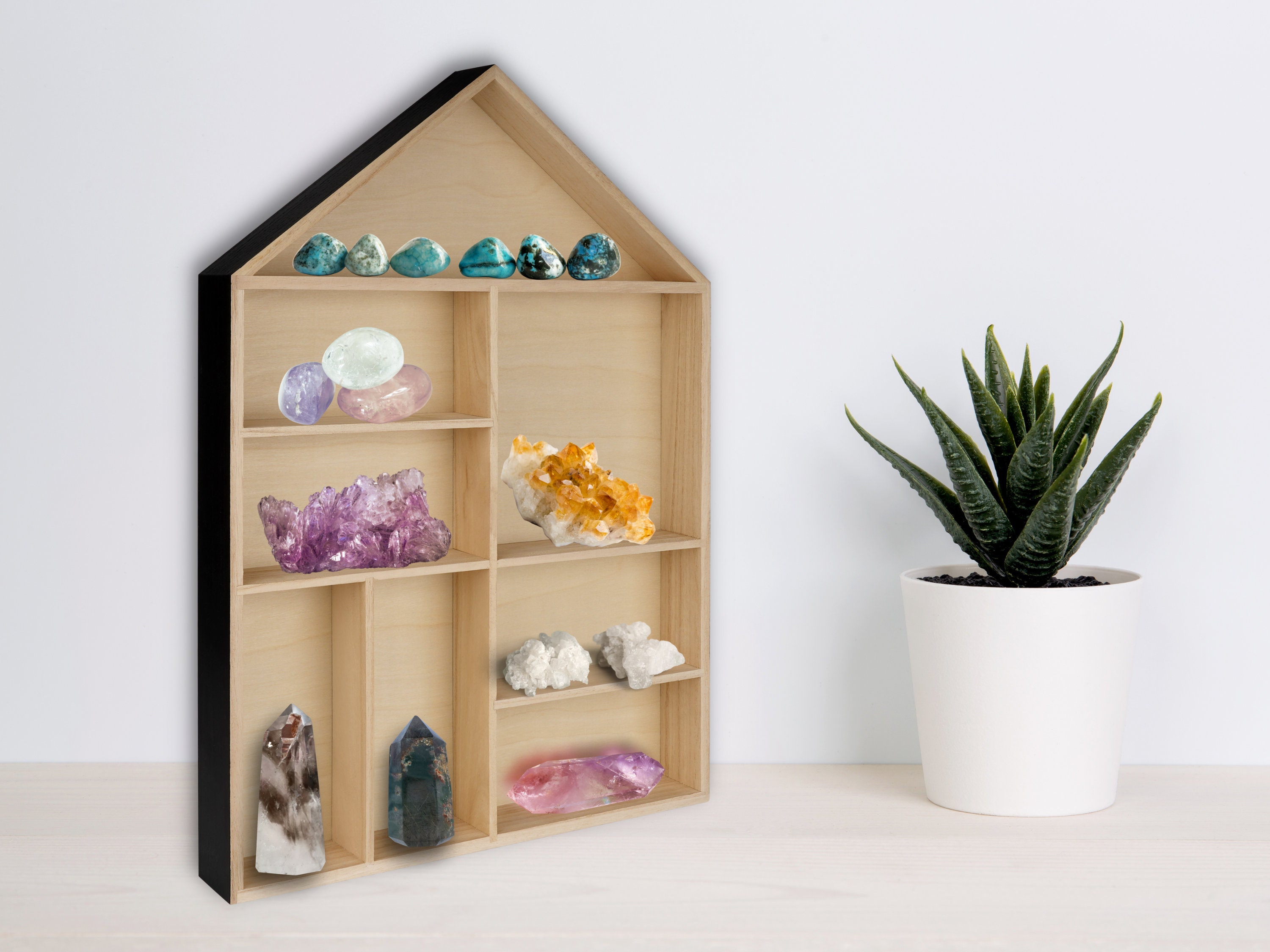 Crystal Shelf Wooden House Shaped Shelf for Crystal Display Gemstones ...