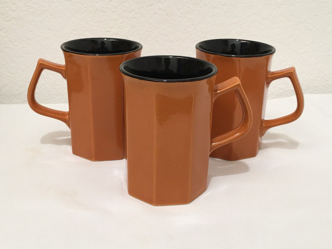 Rust Orange & Black Octagonal Coffee Mugs Teacups | Set of 3 - Etsy