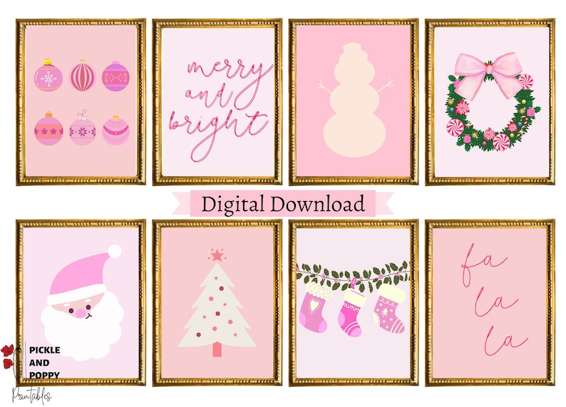 Cute Pink Christmas Printable Wall Art, Pink Christmas Art Set of 9 ...
