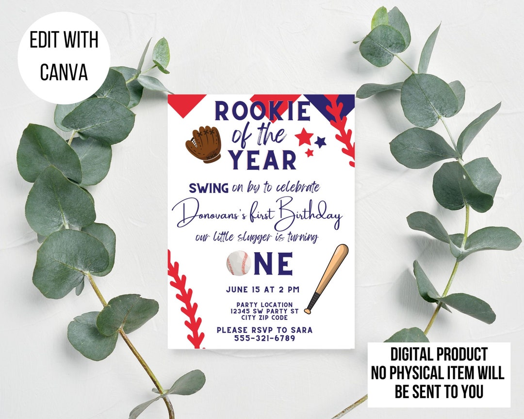 Baseball Themed First Birthday Invitations | Editable Template Rookie ...