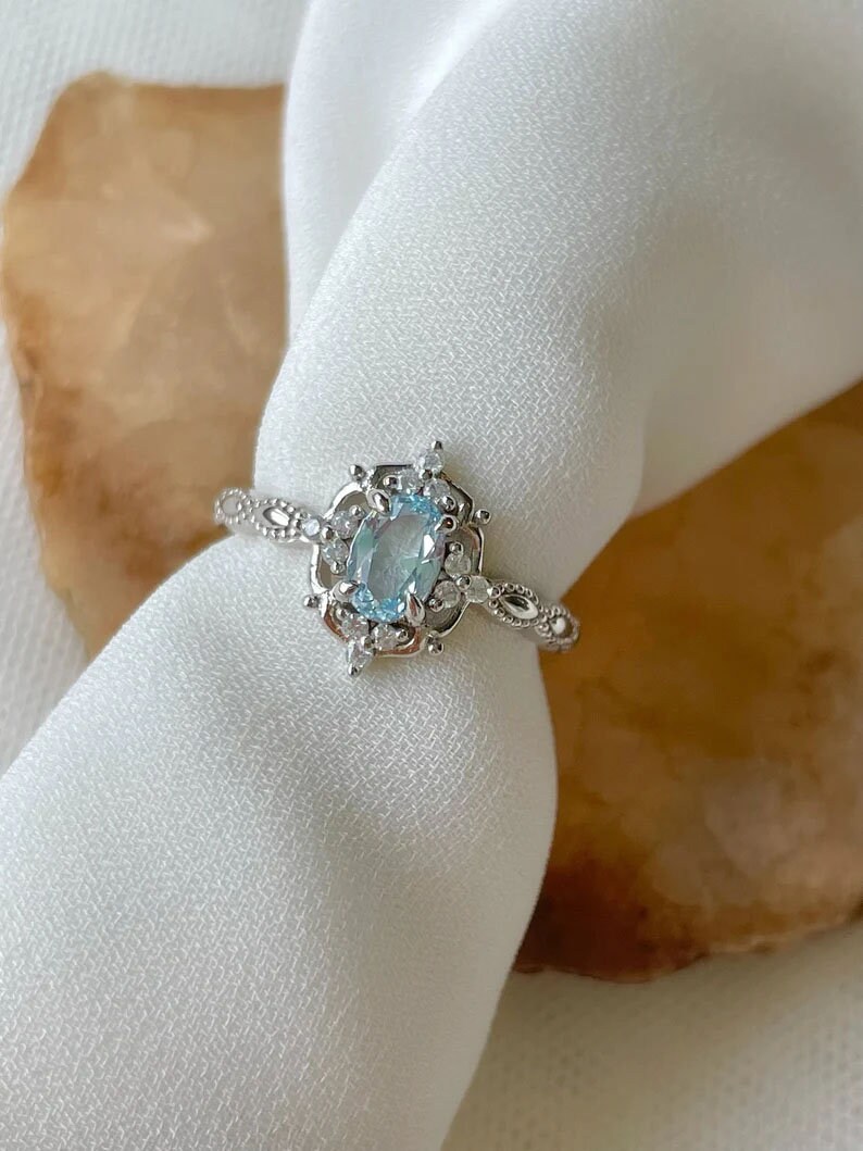 Viktorianischer Natürlicher Aquamarin Ring Vintage Silber Blau ...