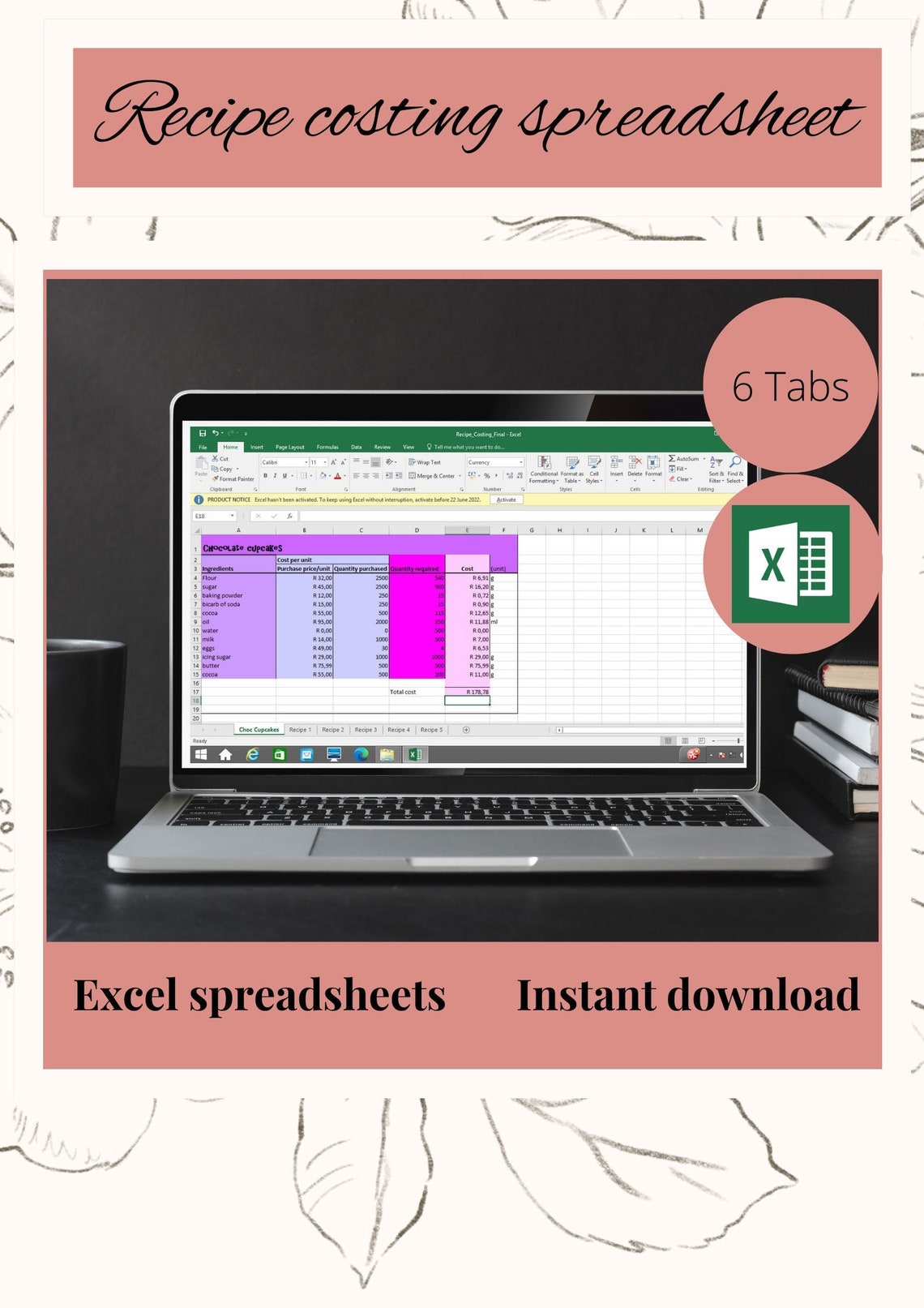 Recipe Costing, Excel Spreadsheet, Cost Calculator, Budget, Costing ...