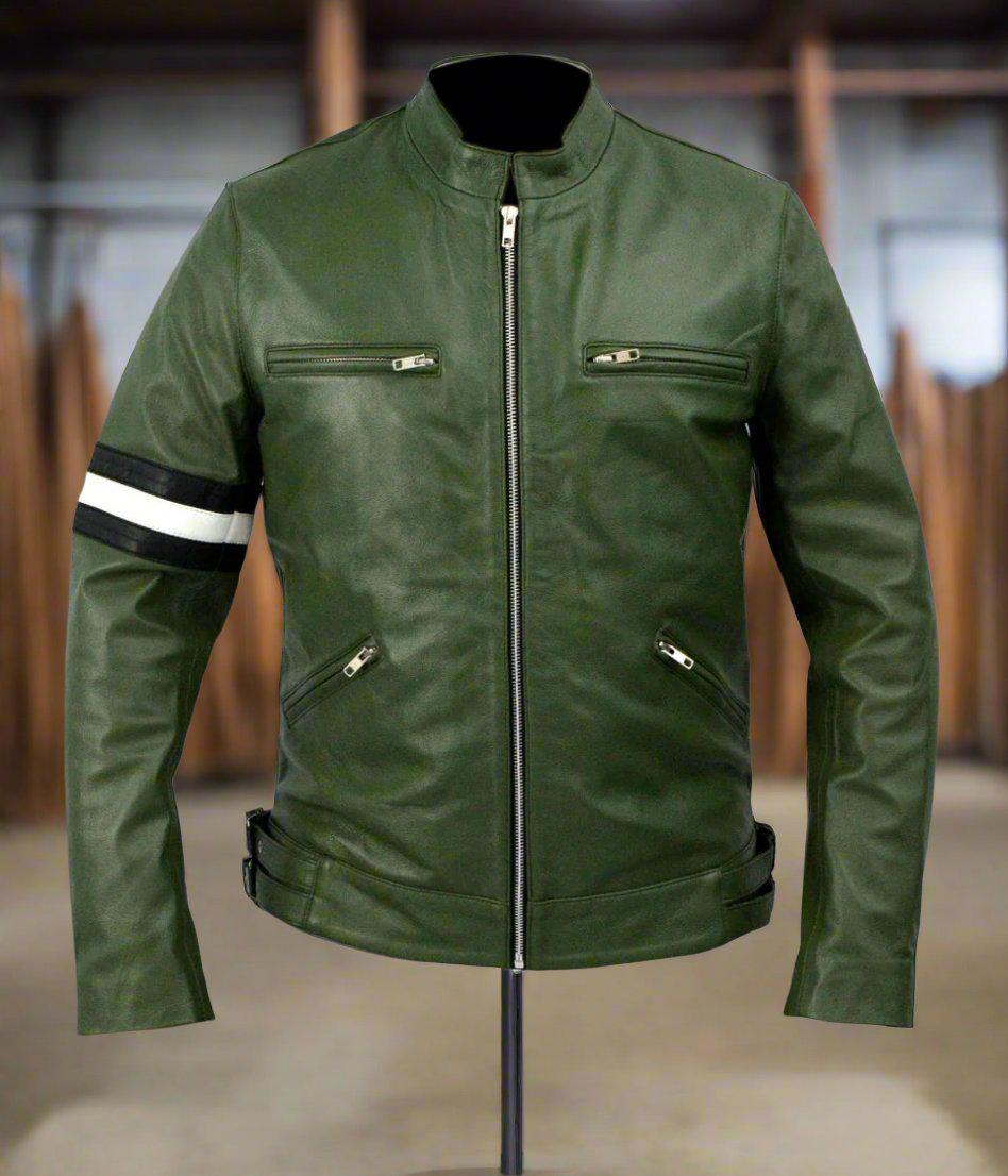Men's Green Leather Jacket Cafe Racer Jacket Real Leather Biker Jacket ...