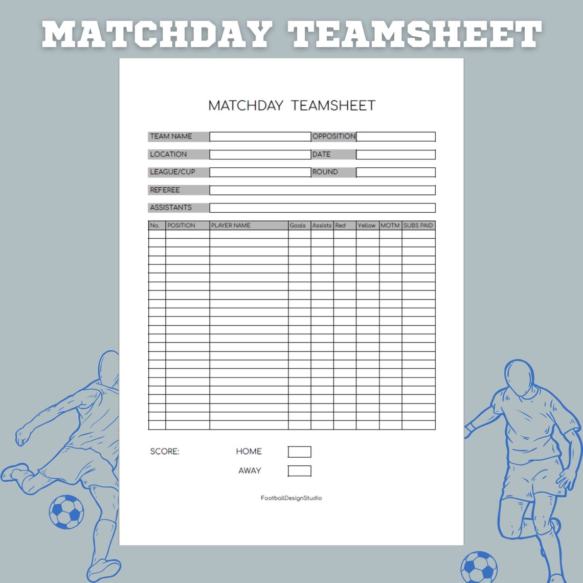 Football Match Teamsheet | Team Roster | Digital Download | Printable ...