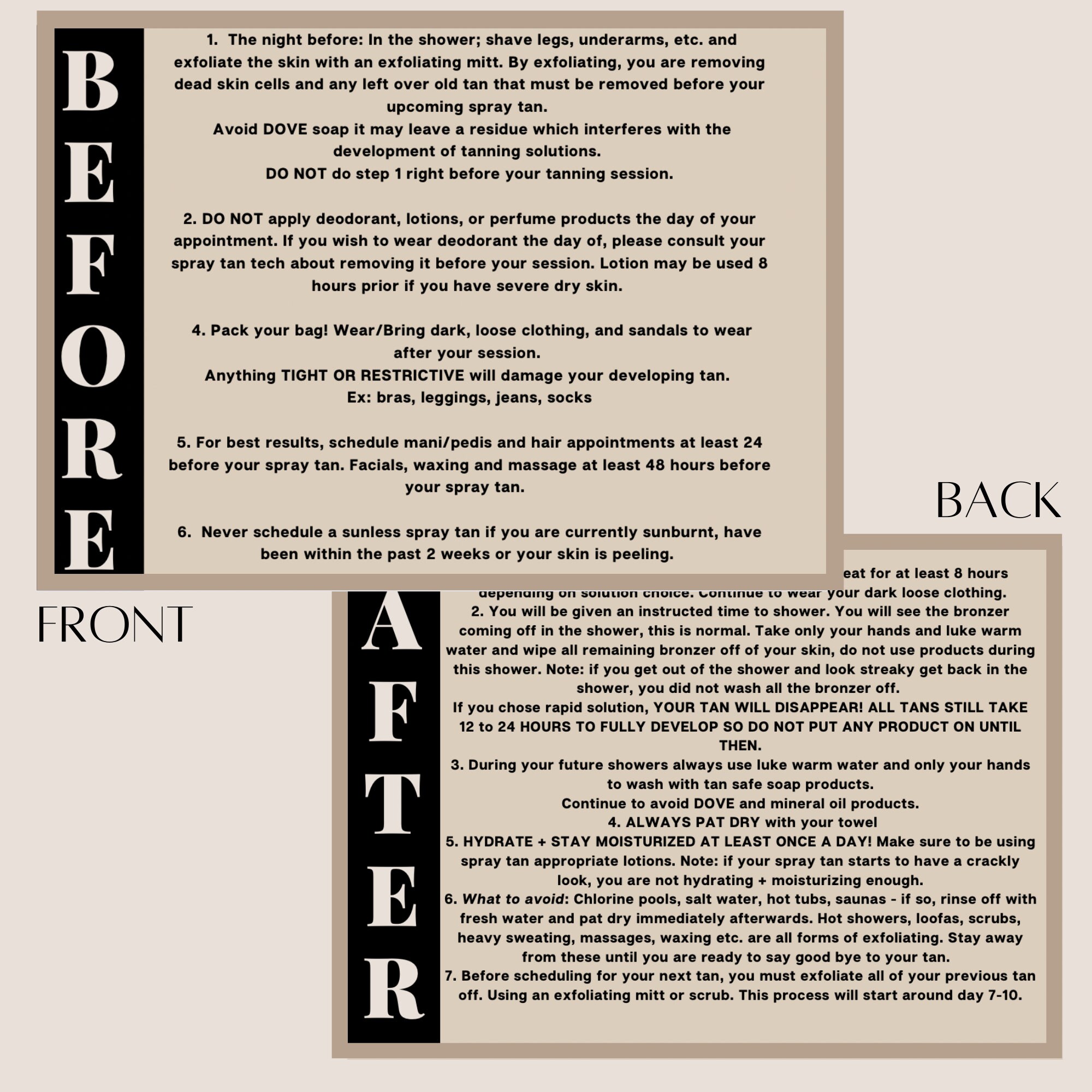 Spray Tan Spray Tan Cards Prep and Post Instructions Card Before and ...