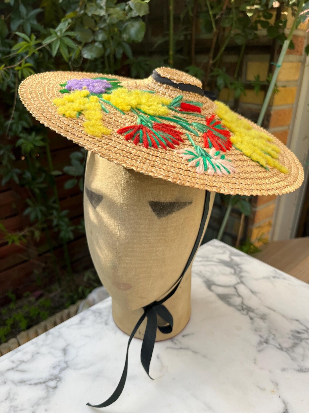 Rare Vintage 1940s French Riviera Straw Hat Floral Embroidered Sun Hat ...