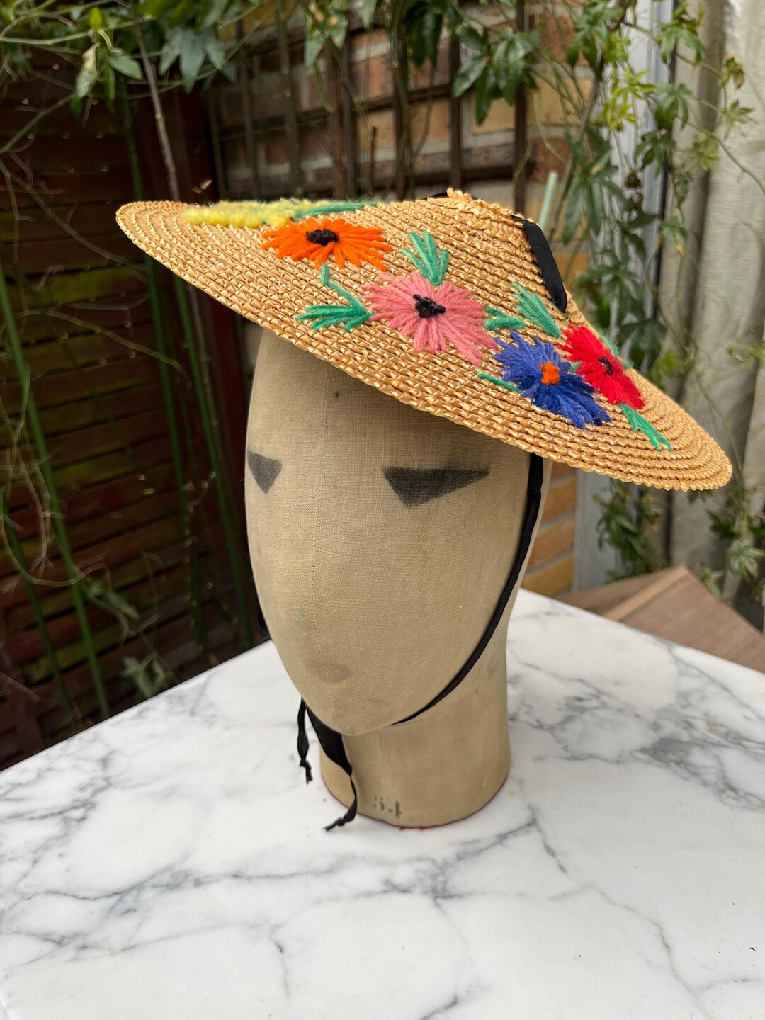 Rare Vintage 1940s French Riviera Straw Hat Floral Embroidered Sun Hat ...