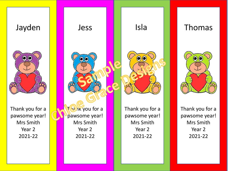 Personalised Printable End of Year Teddy Bear Bookmarks - Etsy