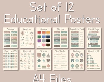 Set of 8 Educational Poster Set for Playroom or Nursery, Kids and ...