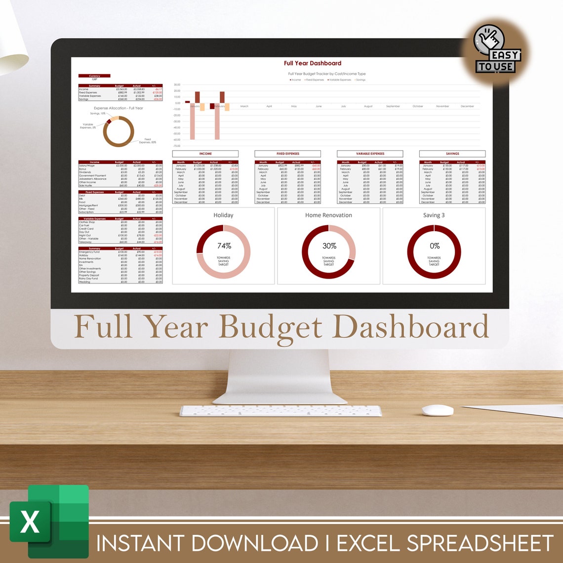 Full Year Budget Tracker - Excel - Etsy