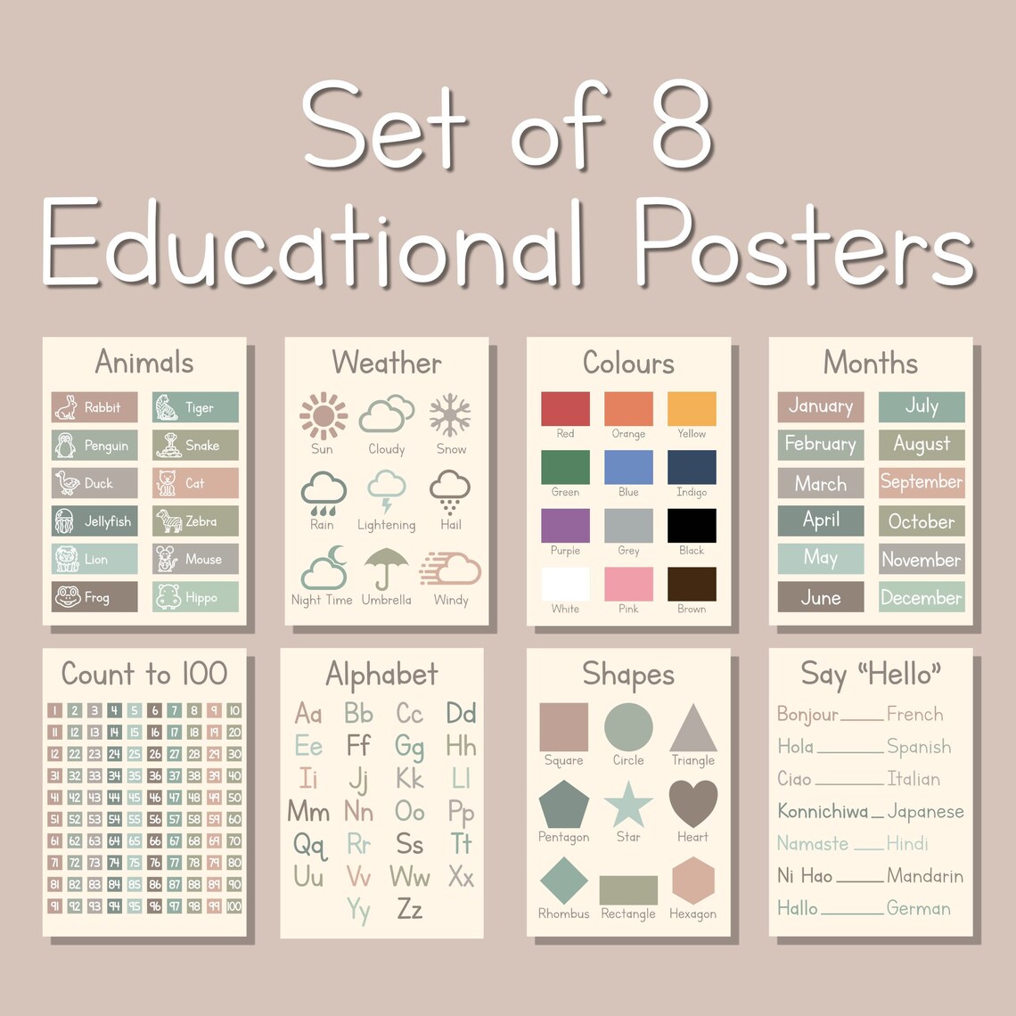 Set of 8 Educational Poster Set for Playroom or Nursery, Kids and ...