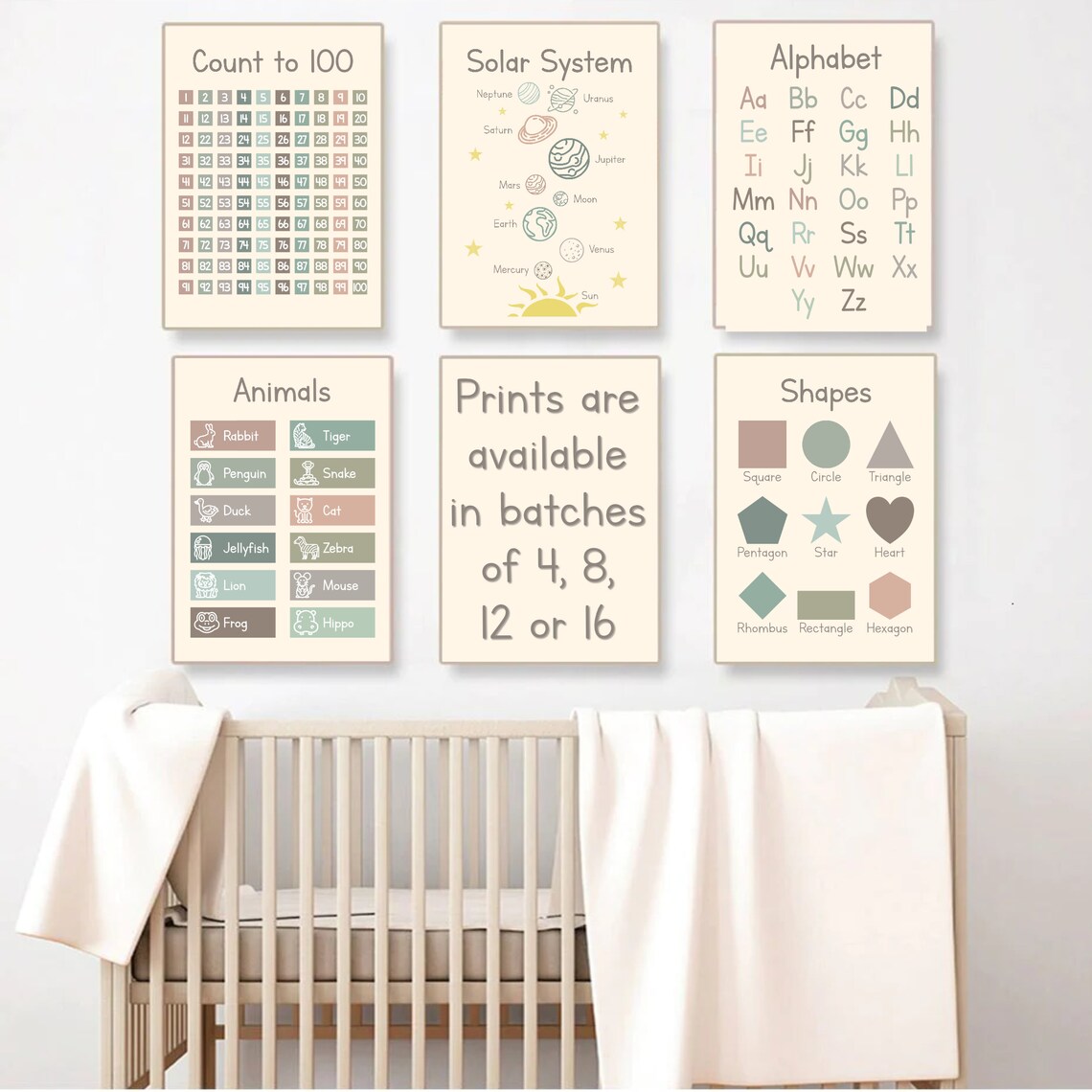 Set of 8 Educational Poster Set for Playroom or Nursery, Kids and ...