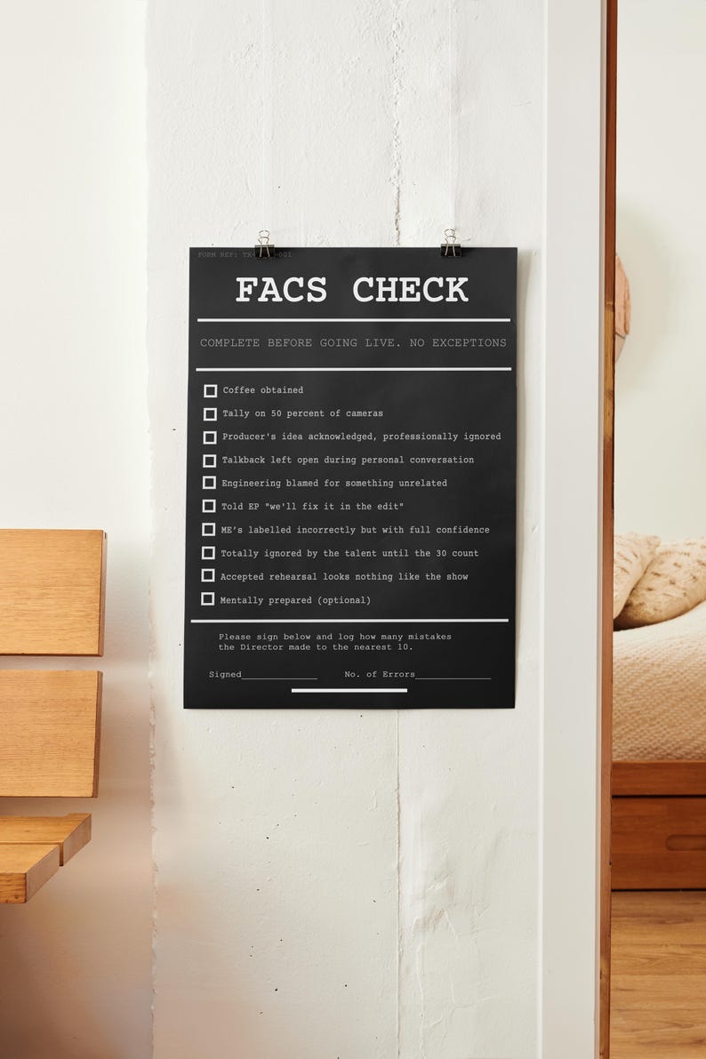 Funny FACS Check Broadcast TV Poster | Live Television Control Room Art ...