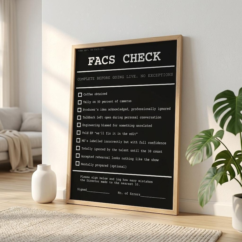 Funny FACS Check Broadcast TV Poster | Live Television Control Room Art ...