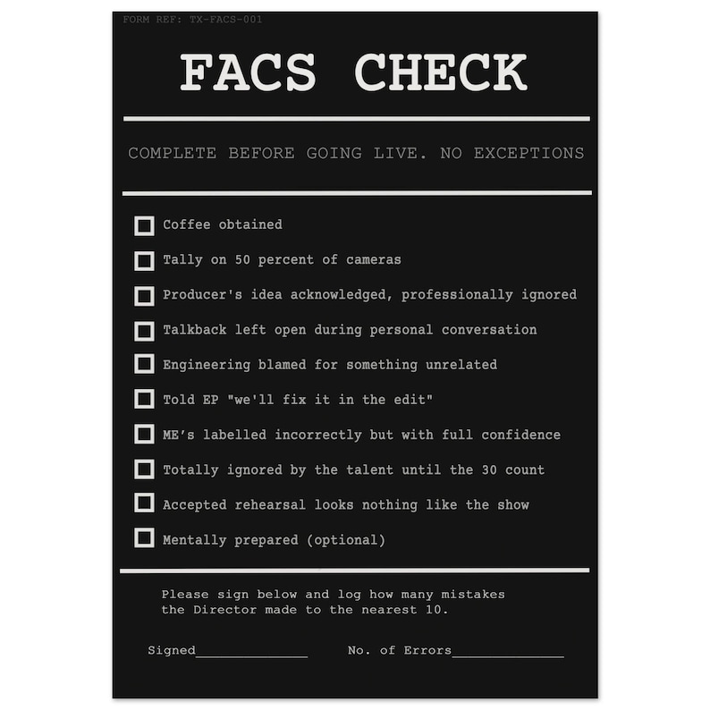 Funny FACS Check Broadcast TV Poster | Live Television Control Room Art ...
